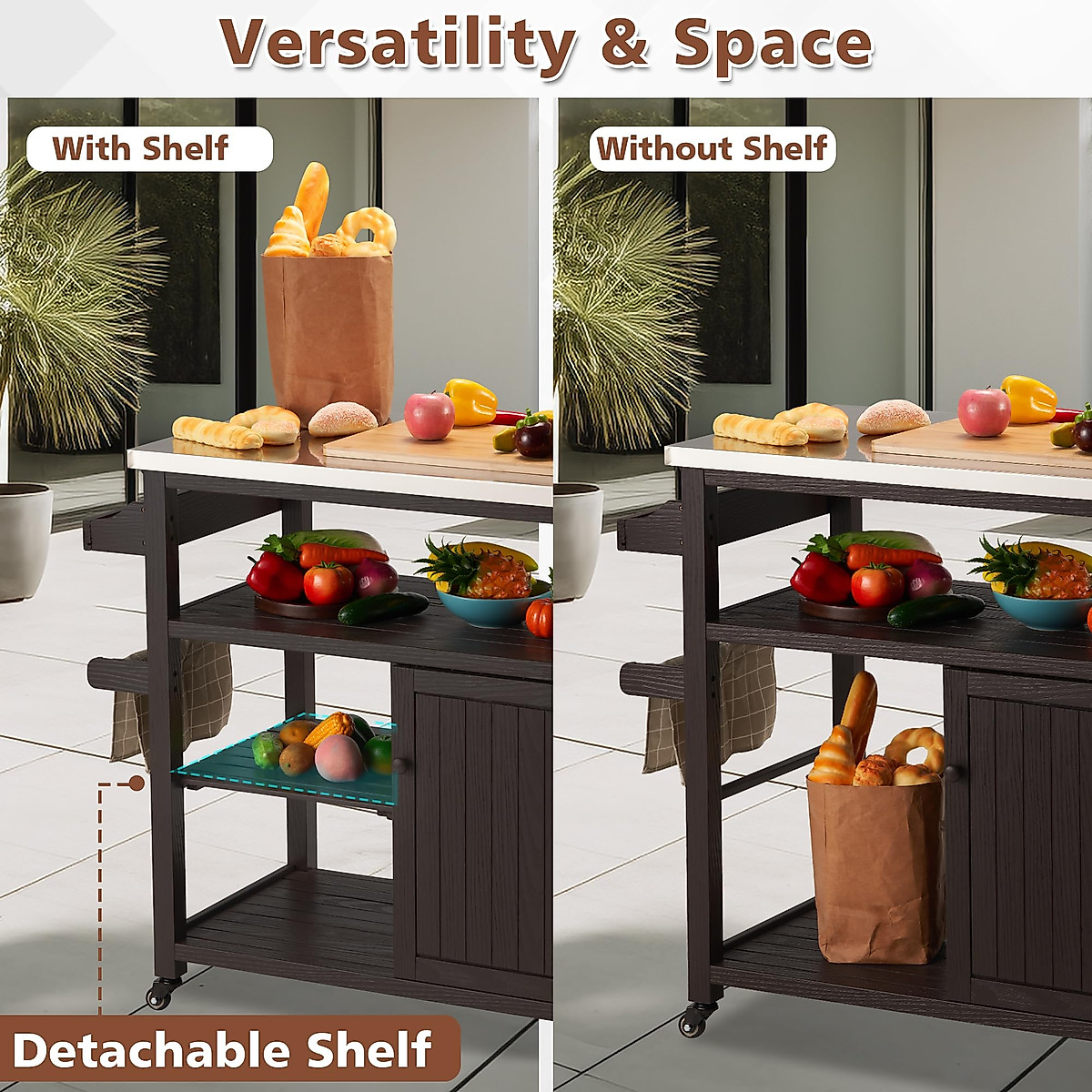 AHB Outdoor Grill Table Solid Wood Storage Cabinet, Rolling Kitchen Island, Movable Bar Cart with Stainless Steel Top for Outside Patio, Backyard, Garden (Brown)