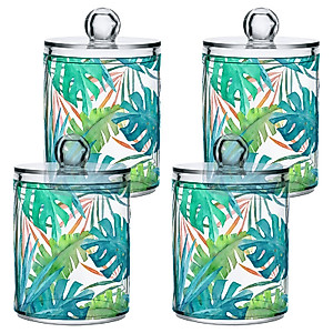 Palm Leaves 2 Pack Qtip Holder Organizer Dispenser Plastic Bathroom Jars Storage Containers with Lids Clear Jars for Home Bathroom Decor