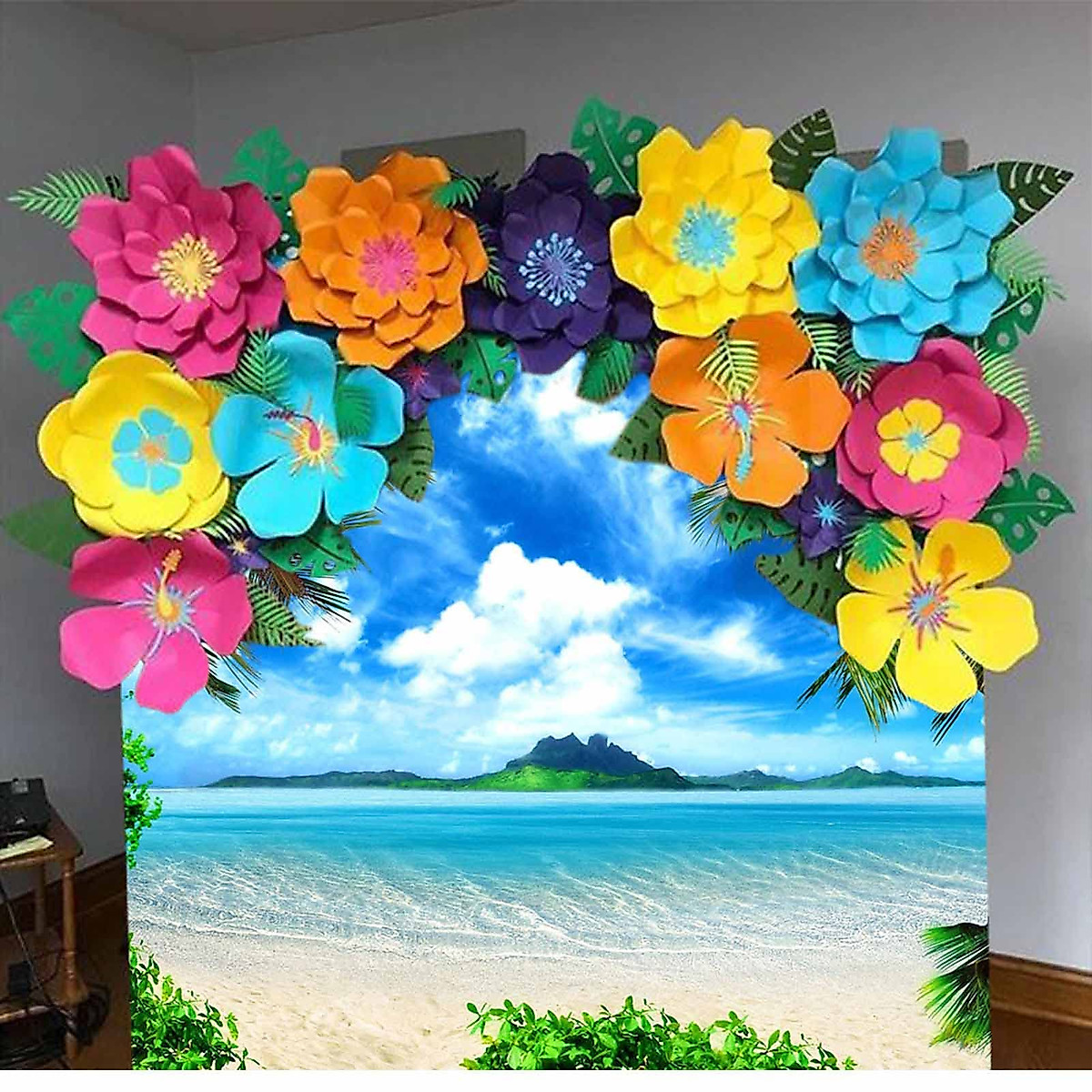 Summer Beach Theme Photo Hawaiian Ocean Blue Sky Seaside Tropical Palm Trees Luau Birthday Party Decor Banner 82x60in
