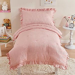 Cozyholy 4 Piece Textured Seersucker Toddler Bedding Set Girls Crib Sheets Set Pink Ruffle Baby Bed Comforter Set Lightweight Bed in a Bag | Include Comforter, Flat Sheet, Fitted Sheet, Pillowcase