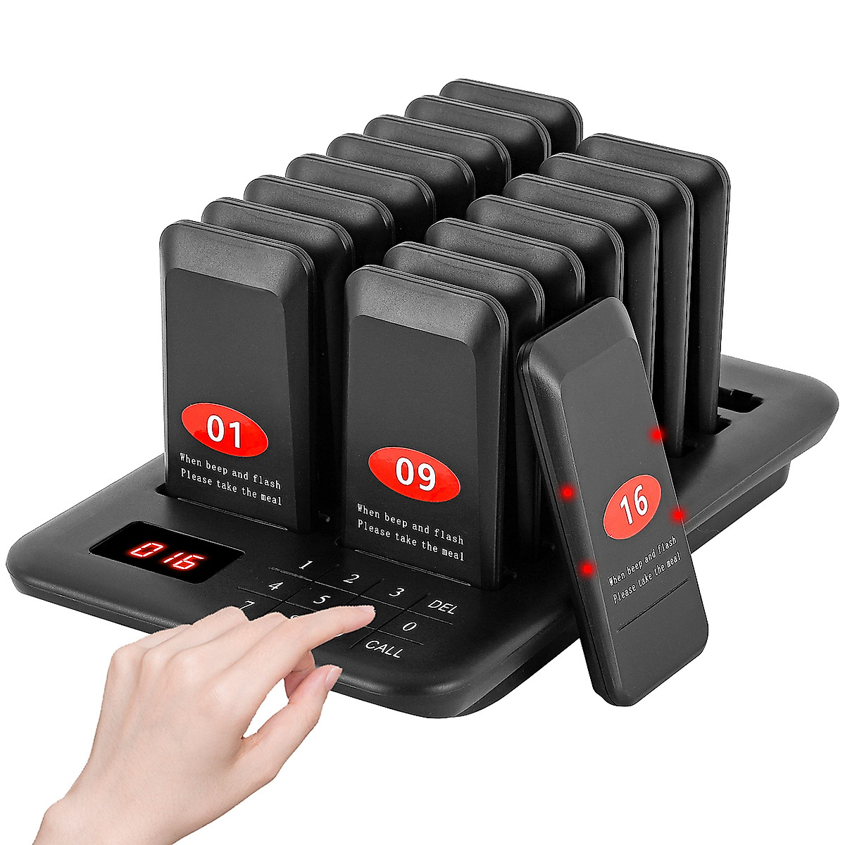 Hanchen Restaurant Pager System Social Distancing Buzzer Wireless Calling System Max 999 Nursery Pager Set Vibration 16 Waiting Buzzers for Church Clinic Food Truck Hospital (Wine red)