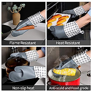 HMHP, Silicone Oven Mitts and Pot Holders 4pcs Sets Kitchen Oven Gloves High Heat Resistant Long Non-Slip Oven Mitt with Quilted Liner and Cotton Hot Pads Potholders Kitchen Baking Cooking (Grey)