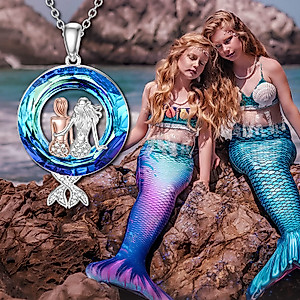 MONGAS Mermaid Necklace 925 Sterling Silver with Crystal Mermaid Sister Christmas Jewelry Gifts for Women
