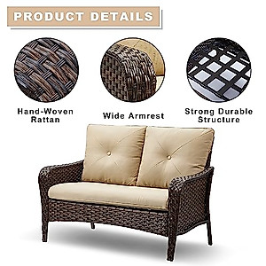 HUMMUH Outdoor Loveseat Sofa,2-Seater PE Wicker Outdoor Couch Porch High Back and Deep Seat Sofa Furniture for Backyard, Deck, Poolside （Brown/Beige）