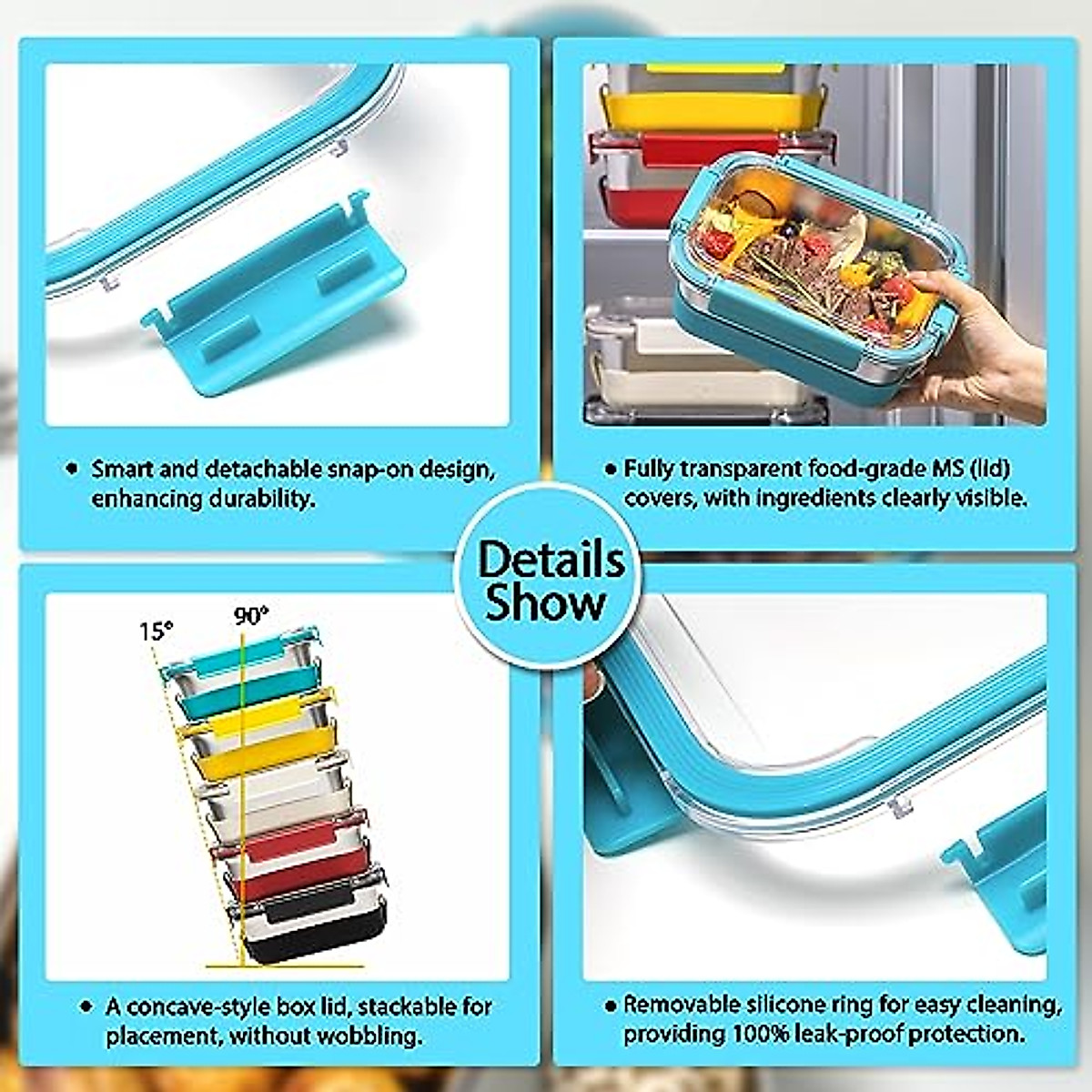 Stainless Steel Lunch Box with Silicone Sleeve/Bento Box/Food Storage Containers-Leak-Proof,Reusable and Microwavable-Ideal for Work & Travel-On-the-Go Meal Prep - Dishwasher Safe-1200ml/41Oz