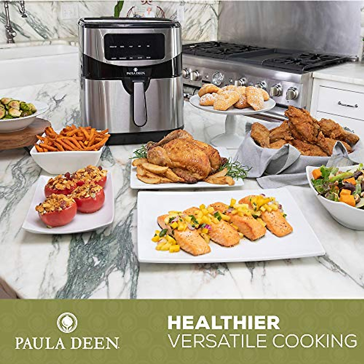 Paula Deen Stainless Steel 10 QT Digital Air Fryer (1700 Watts), LED Display, 10 Preset Cooking Functions, Ceramic Non-Stick Coating, Auto Shut-Off, 50 Recipes (Stainless Steel)