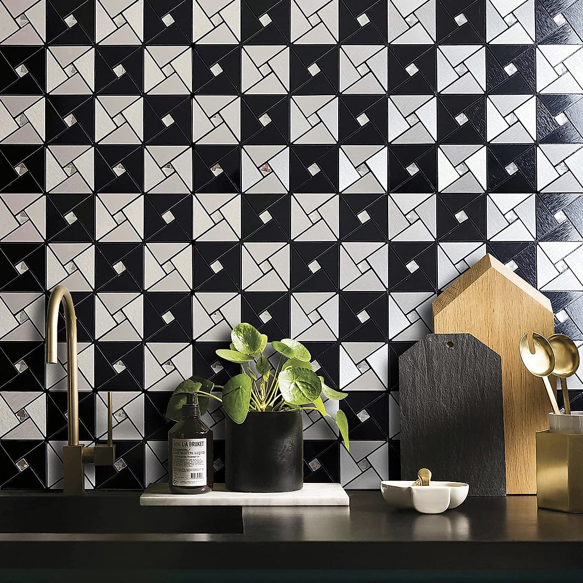 DICOFUN 10-Sheet Peel and Stick Backsplash Metal Tile, Mixed Glass Self-Adhesive Mosaic Tiles, Stainless Steel Stick on Wall Tiles for Kitchen and Bathroom Backspalsh, Mirror Decor (Black)