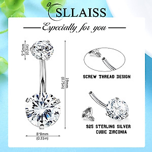 Sllaiss 925 Sterling Silver Belly Button Rings for Women Men 14G Austria Crystals Studs Piercing Screw Navel Bars Body Piercing Jewelry