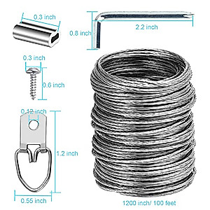Ouskr 100 Pcs Picture Hanging Wire Kit, 100 Feet Heavy Duty Wire Picture Hanging for Photo Mirror Frame Artwork, Included D Ring Picture Hangers, Screws, Aluminum Sleeves, Screwdriver, up to 30lbs