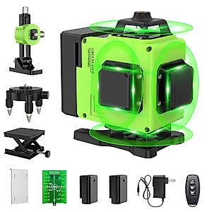 16 Lines Laser Level 360 Self Leveling, 4x360° 4D Green Beam Cross Line Lazer Level with 2 Batteries,360°Horizontal/Vertical Line Laser Remote Control for Tiling Floor Construction and Picture Hanging
