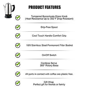 APOXCON Electric Coffee Percolator ETL Approved 12 Cup Stainless Steel Coffee Maker with Heat Resistant Tough Tempered Borosilicate Glass Knob Automatic Keep Warm & Cordless Serving Classic Coffee Pot