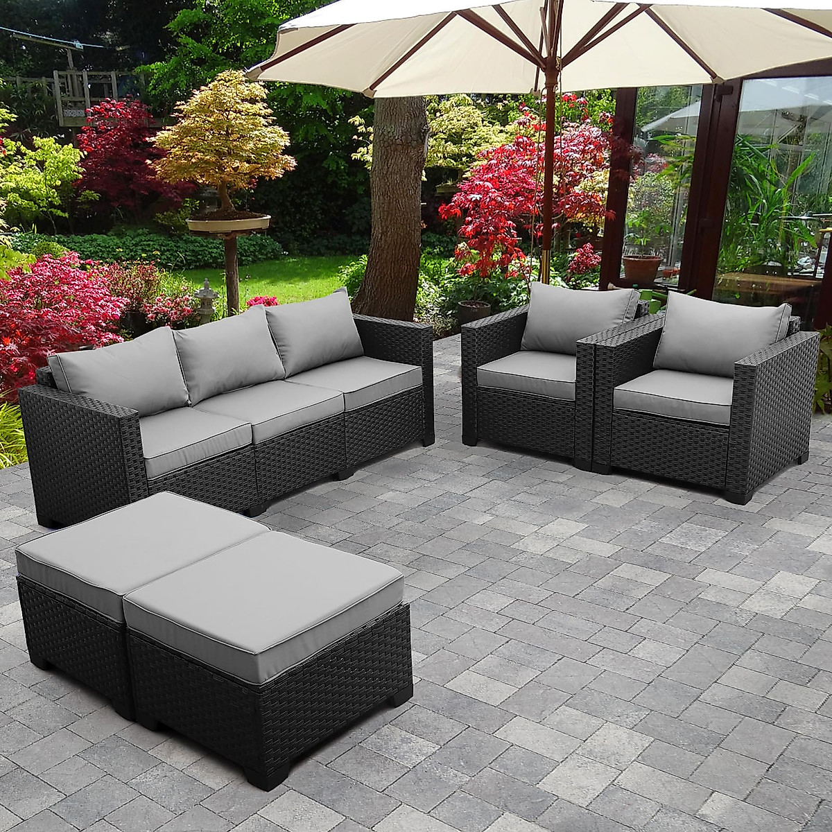 Rattaner Outdoor Wicker Furniture Couch Set 5 Pieces Patio Furniture Sectional Sofa with Grey No-Slip Cushions and Waterproof Covers