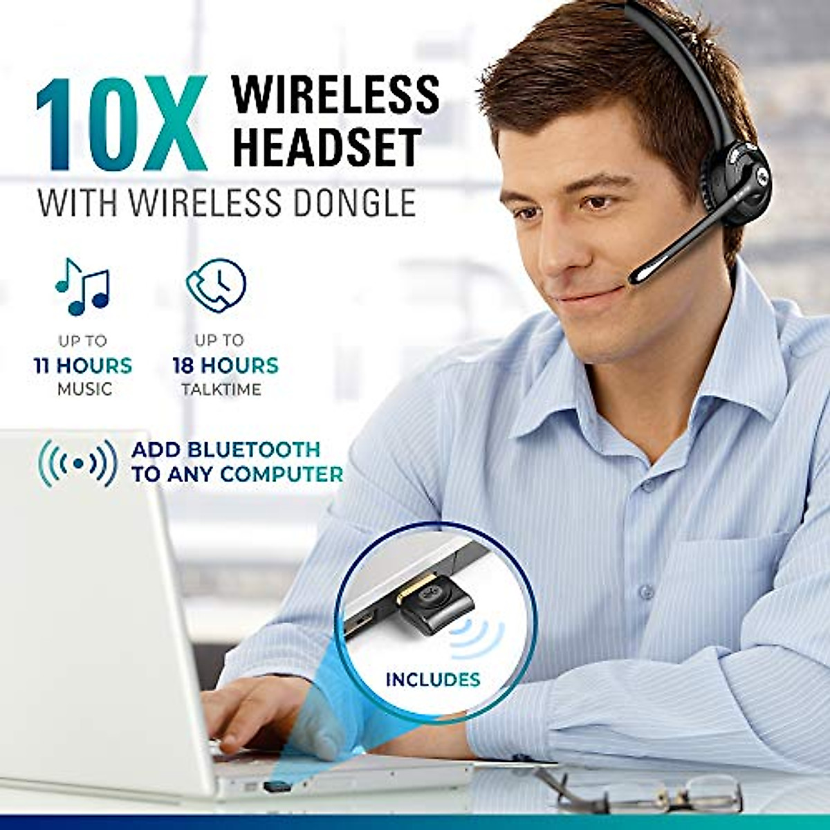 Delton Trucker Bluetooth Headset, Wireless Headphones w/Microphone, Headphones for Truck Driver, Wireless Over The Head Earpiece with Mic for Skype, Call Centers - 18Hr - 10 Pack