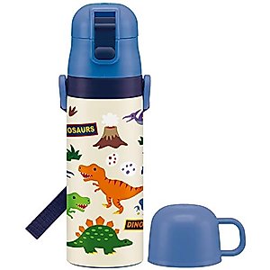 Skater SKDC4-A Children's 2-Way Stainless Steel Kids Water Bottle with Cup, Dinosaur, 15.2 fl oz (430 ml), Boys