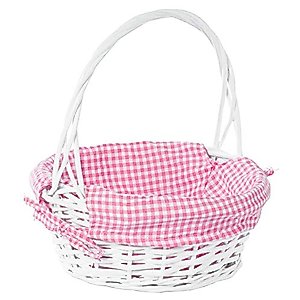White Round Willow Gift Basket, with Pink Gingham Liner and Handle- Small