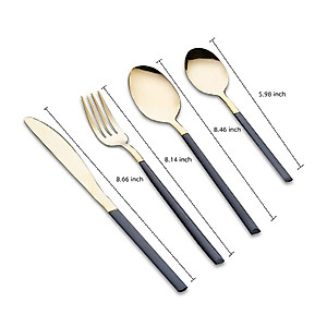 4 Pcs Stainless Steel Flatware Set, Black Gold Modern Cutlery Set Mirror Polished Knife Fork Spoon for Home, Kitchen, Including Place Knife, Fork, Spoon, Teaspoon, One Size (xiejinhong2)