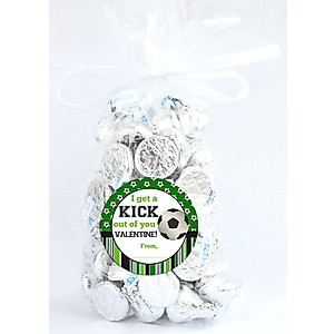 Kick Out of You Soccer-Themed Valentine Party Favor Sticker Labels, 40 2" Party Circle Stickers by AmandaCreation, Great for Classroom Valentines, Envelope Seals, Gifts & Treats