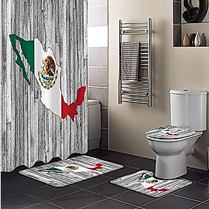 BestLives 4 Pcs Shower Curtain Sets with Rugs Mexican Flag Non-Slip Soft Toilet Lid Cover for Bathroom Mexico Map Eagle Totem Wood Grain Bathroom Sets with Bath Mat and 12 Hooks