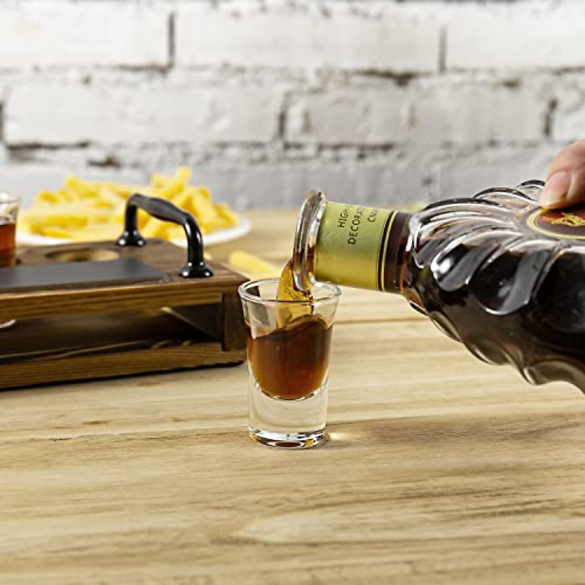 MyGift Tequila Shot Glasses Liquor Flight Tasting Set Includes Burnt Wood Serving Tray with Chalkboard Panel and Metal Handles and 6 Clear Shot Glasses