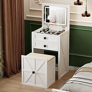 FREDEES Farmhouse 3 in 1 Vanity Desk with Mirror,Small Makeup Vanity Set with Soft Light, Space-Saving Makeup Vanity with Storage Compartment and Padded Stool,Dressing Table for Bedroom,White
