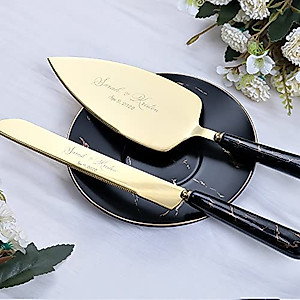 Personalized Wedding Cake Server Set, Gold Cake Knife & Server Set, Ceramic Marble Wedding Cake Cutting Server Set, Engraved Cutting Set, Bridal Shower Gift (Black)