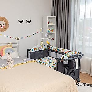 BABY JOY 5-in-1 Baby Bassinets Bedside Sleeper, Pack and Play with Bassinet, Diaper Changer, Playard, Safety Strap, Music Box & Hanging Toys, Convertible Bedside Crib from Newborn to Toddlers (Grey)