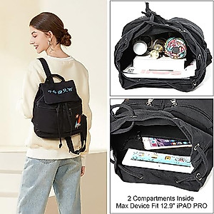 Canvas Backpack Purse for Women Men, Fashion Embroidery Casual Backpack Casual Travel Rucksack (Black)