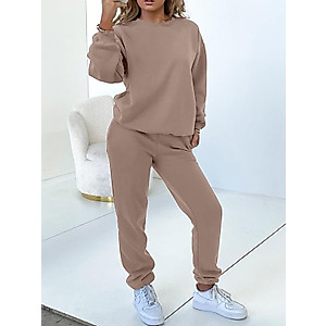Alunzoem Tracksuit for Women Set Sweat Suit 2 Piece Pullover Solid Sweatshirt Long Pants Outfits Lounge Set Khaki M