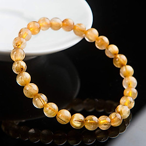 7mm Natural Gold Rutilated Quartz Gemstone Stretch Clear Round Beads Bracelet Brazil AAAAA
