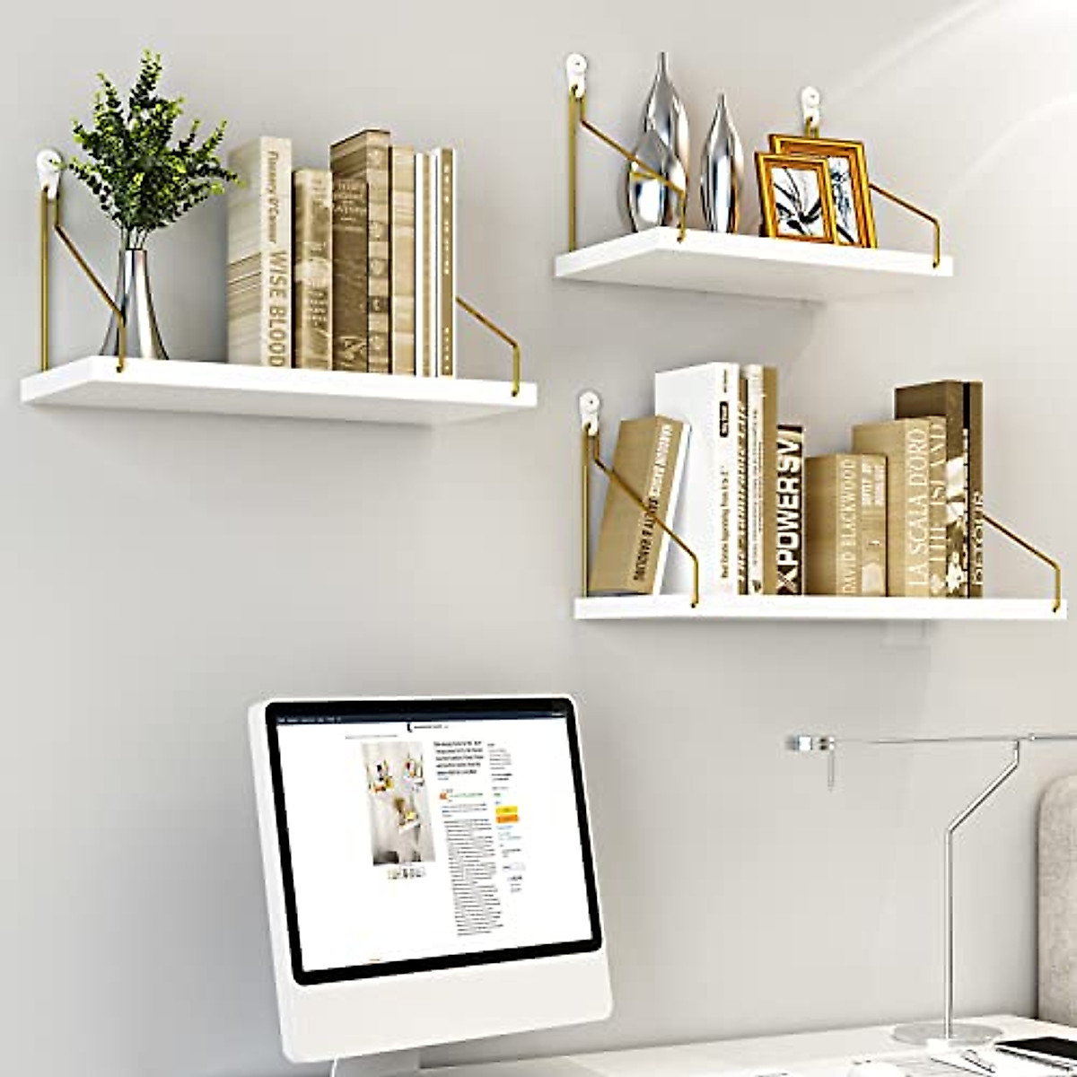 aopow White Floating Shelves for Wall - Set of 3 Hanging Wood Shelf & Wall Mounted Long Wide Deep Rustic Wooden Shelves with Gold Metal Brackets Modern for Bedroom Bathroom Living Room