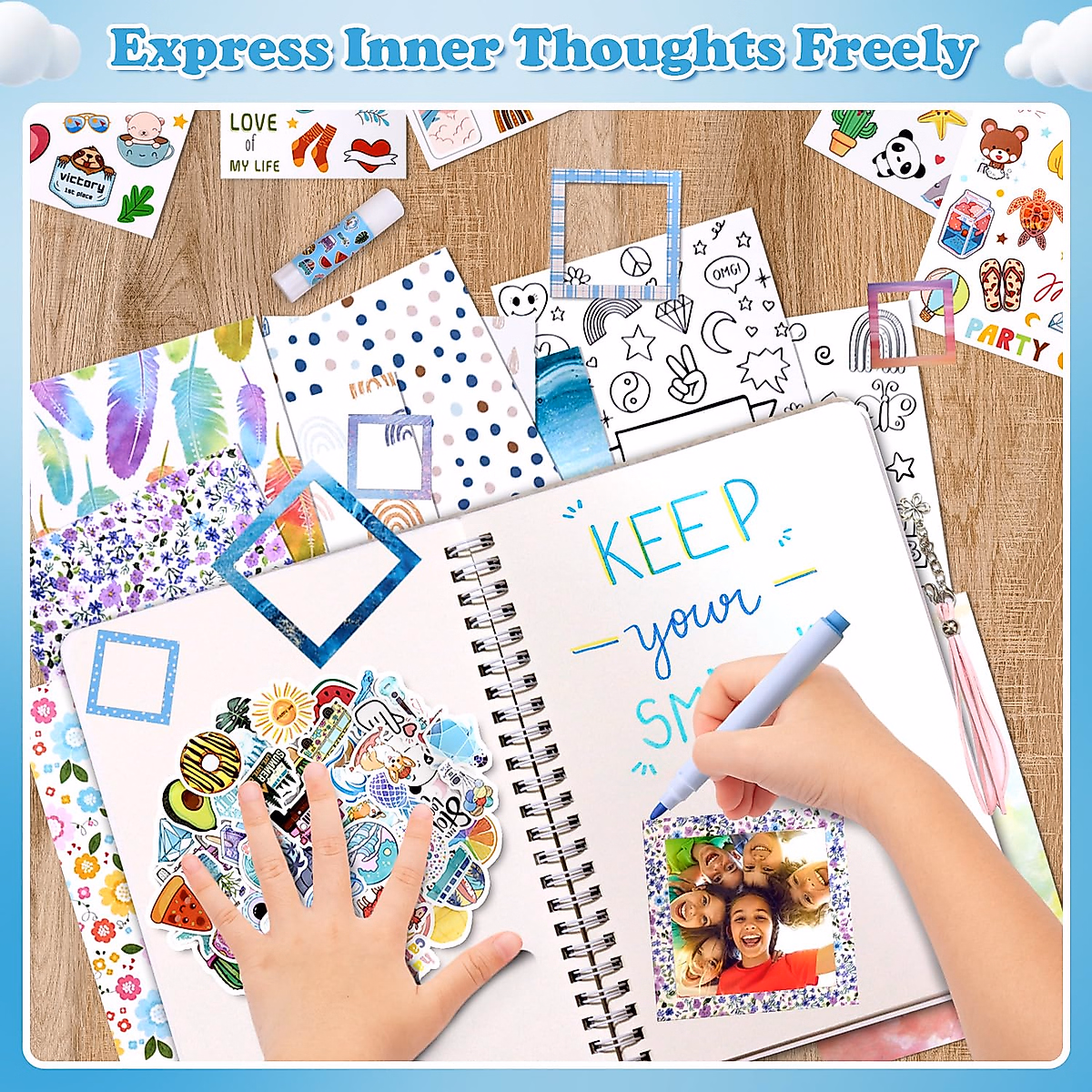 Kidsord DIY Journal Set for Teen Girl Gifts, 100PCS+ Personalized Diary Stuff Birthday Gift Ideas, Kids Scrapbook Kit, Girls Gifts Age 8 9 10 11 12 13 Years Old and Up (Sea Waves Set)