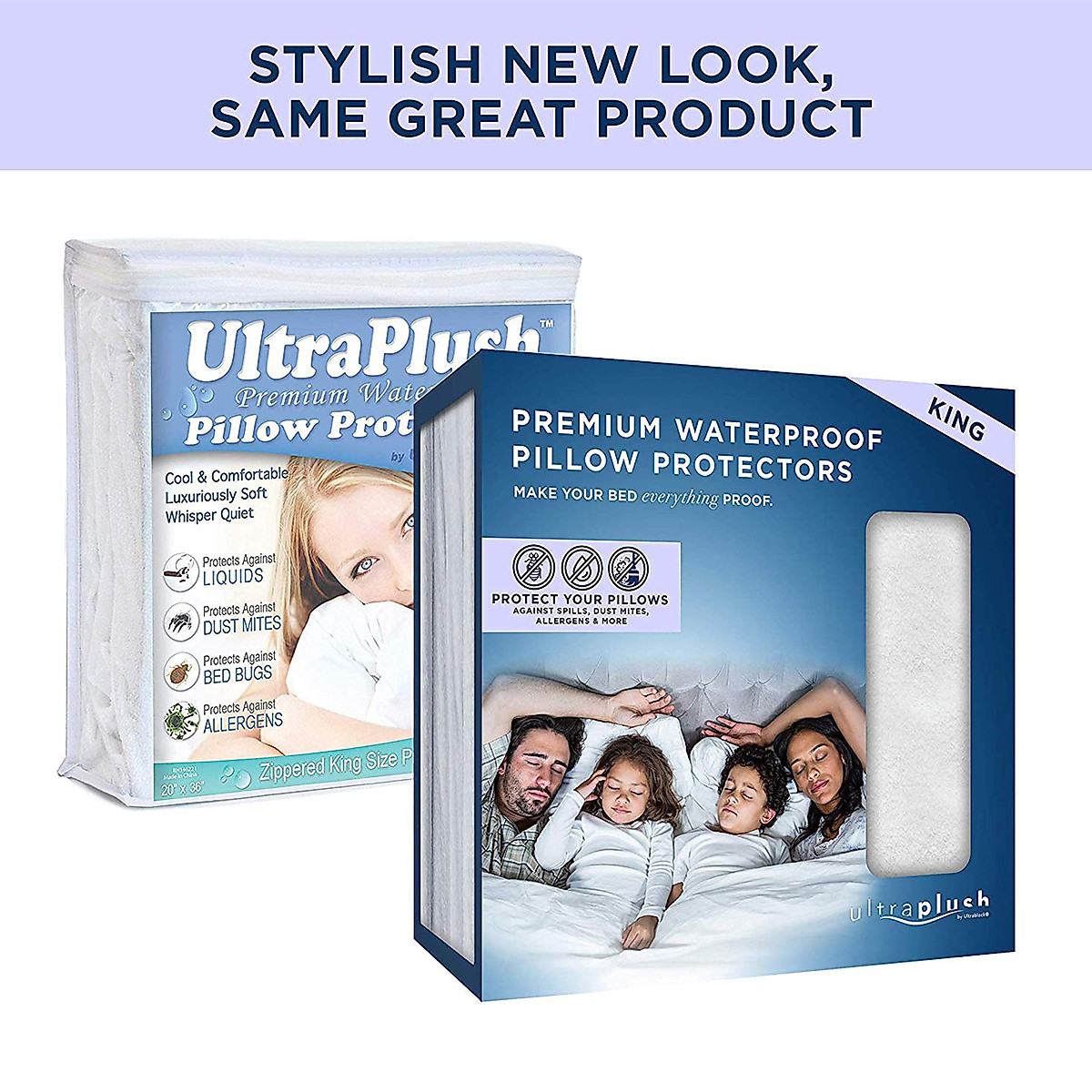 UltraBlock Ultra Plush Premium Waterproof Pillow Protector Set of 2 - Zippered Pillow Case Cover - Super Soft and Quiet Feather Proof Encasement (King Size 20 inches x 36 inches)