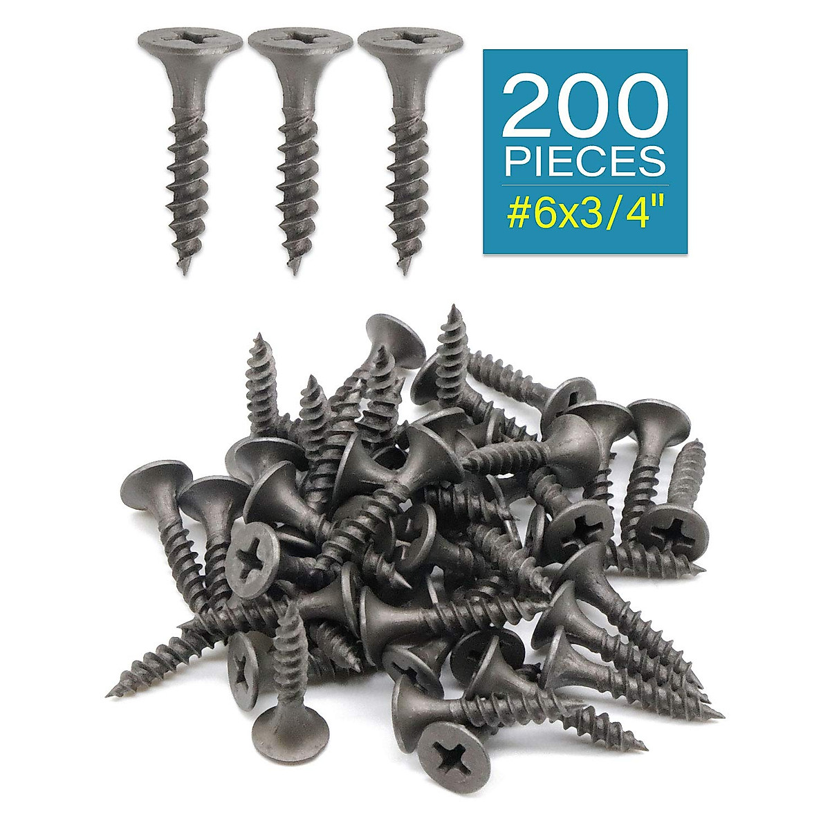 IMScrews 200pcs #6 x 3/4" Flat Head Phillips Drywall Screws, Fine Thread, Sharp Point Sheetrock Wood Screws, Carbon Steel, Gray Phosphate