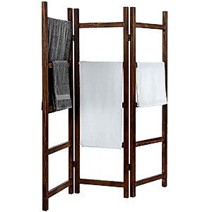 MyGift 3 Panel Solid Burnt Wood Blanket Ladder and Towel Rack, Decorative Free Standing Folding Room Divider for Blankets, Quilts, Throws, Towels, Clothing