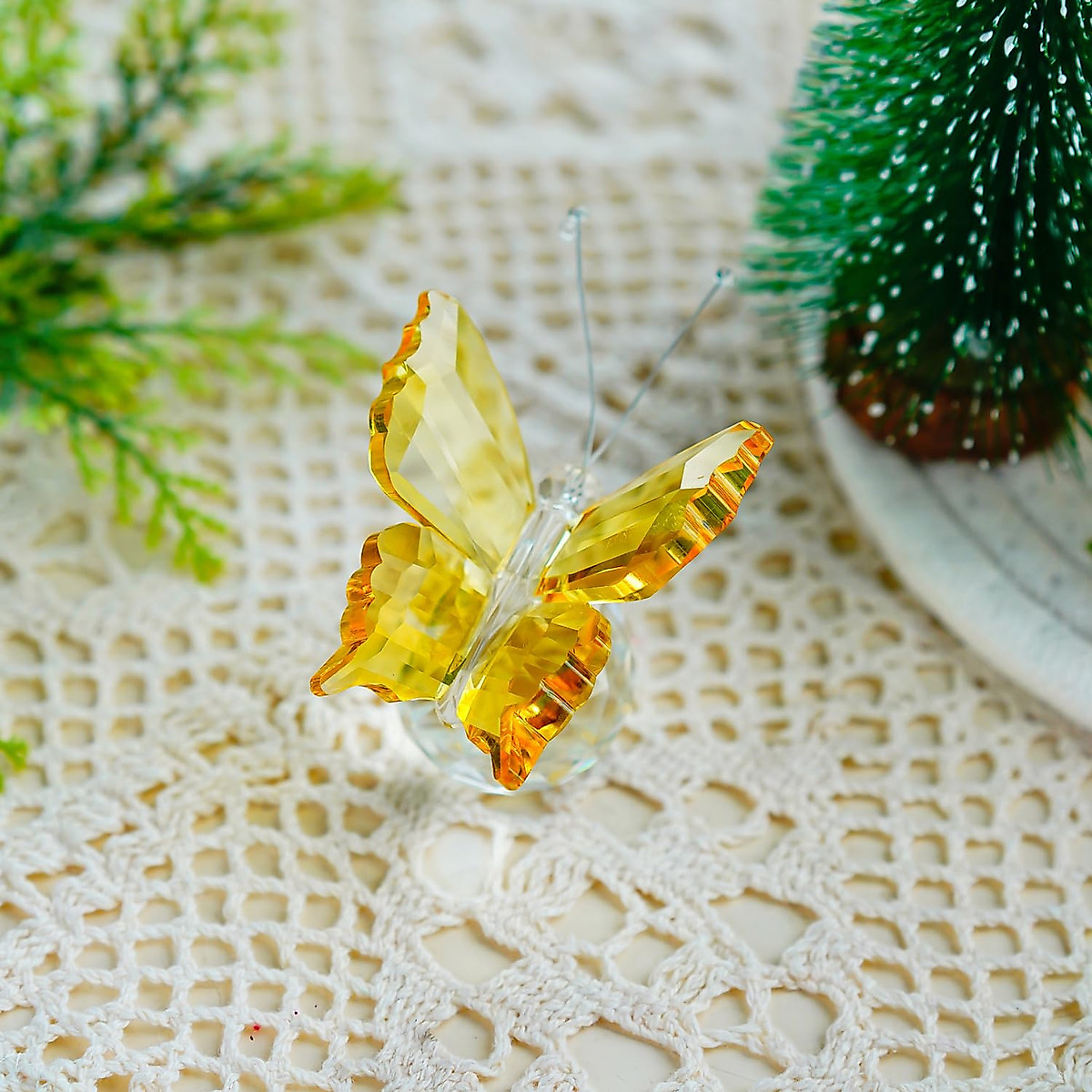 H&D Crystal Flying Butterfly with Crystal Ball Base Figurine Collection Cut Glass Ornament Statue Animal Collectible (Yellow)