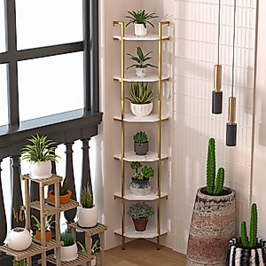 Dosker Corner Shelf White Wall Mounted Bookshelf, 6 Tier Plant Stand and Display Shelf for Living Room,Wall Corner Bookshelf Multi Storage Organizer Ladder Style Shelving Unit with Marble Accents