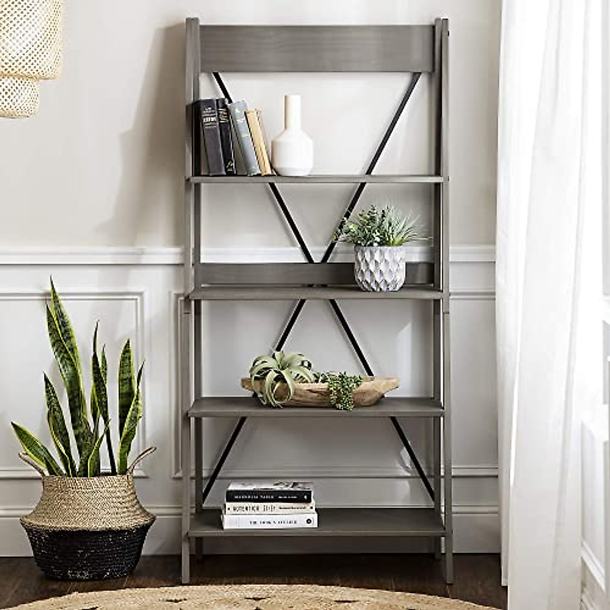 Walker Edison X Back Modern Farmhouse Wood Bookcase Bookshelf Home Office Living Room Storage, 4 Shelves, Grey