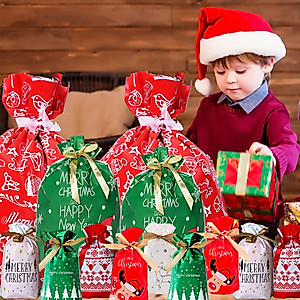 Funnlot Christmas Drawstring Gift Bags 32PCS in 7 Styles Christmas Wrapping Bags Xmas Treats Bags Christmas Party Favor Pouch Goody Sweet Treat Candy Bags with Ribbon Ties Christmas Gift Bags Drawstring