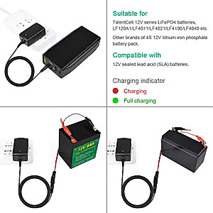 TalentCell AC/DC 14.4 14.6V/1.5A LiFePO4 Battery Charger with Dual Alligator Clips Connector for 4S 12V Rechargeable Lithium Iron Phosphate Battery Pack