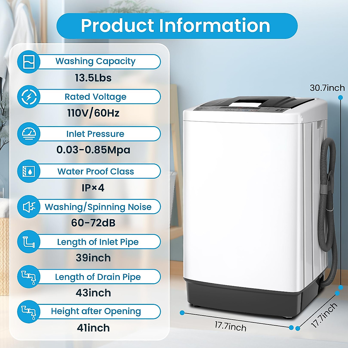 Nictemaw 1.8 Cu.Ft Portable Washing Machine, 13.5 lbs Portable Washer Dryer Combo with Drain Pump, Full Automatic Portable Washer with 10 Programs 8 Water Levels LED Display for Apartments, RV, Dorms