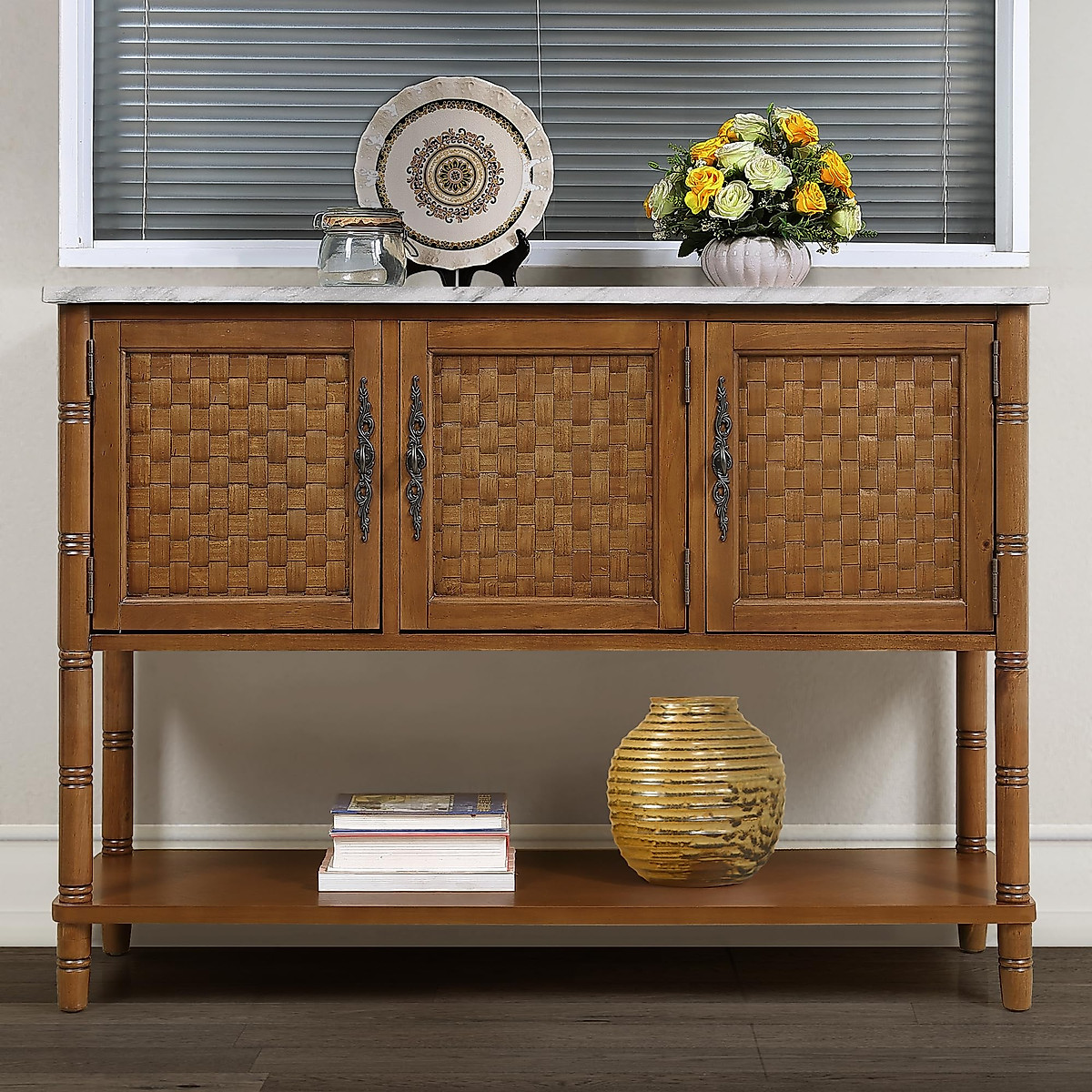 Tidyard Entryway Table with Artificial Stone Look Tabletop, 47" Modern Console Table with Storage, Rustic Sofa End Table with Open Shelf Oak for Entryway, Foyer, Living Room, Bedroom Furniture