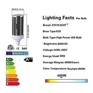 LED Corn Bulb,60 Watt (400W Equivalent),5500 Lumen,6000K- 6500K,Cool Daylight LED Street and Area Light,E26/E27 Medium Base,for Outdoor Indoor Garage Warehouse High Bay Barn Backyard and More，2 Pack