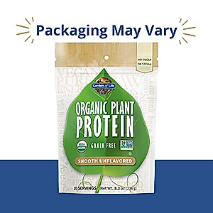 Garden of Life Organic Plant Based Protein Powder - Smooth Unflavored - Vegan, Grain Free & Gluten Free Shake for Women and Men - 10 Servings, 15g Protein, Probiotics & Enzymes, 0g Sugar, Stevia Free
