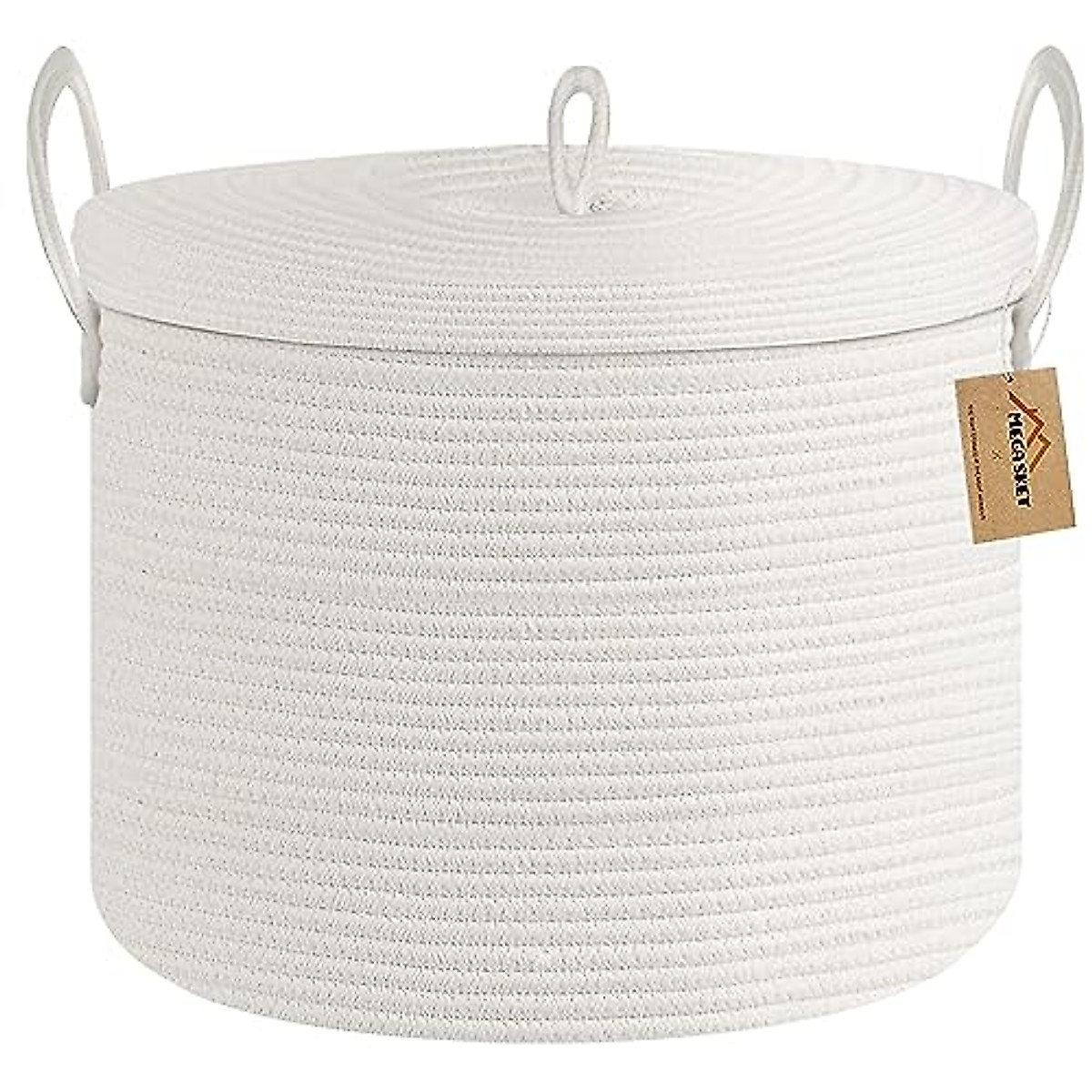 MEGASKET White Baskets for Organizing, 20" X 20" X 15" Large Storage Basket with Lid, Nursery Tall Baby Wicker Laundry Basket Hamper with Lid, White Blanket Toy Woven Rope Storage Basket Living Room