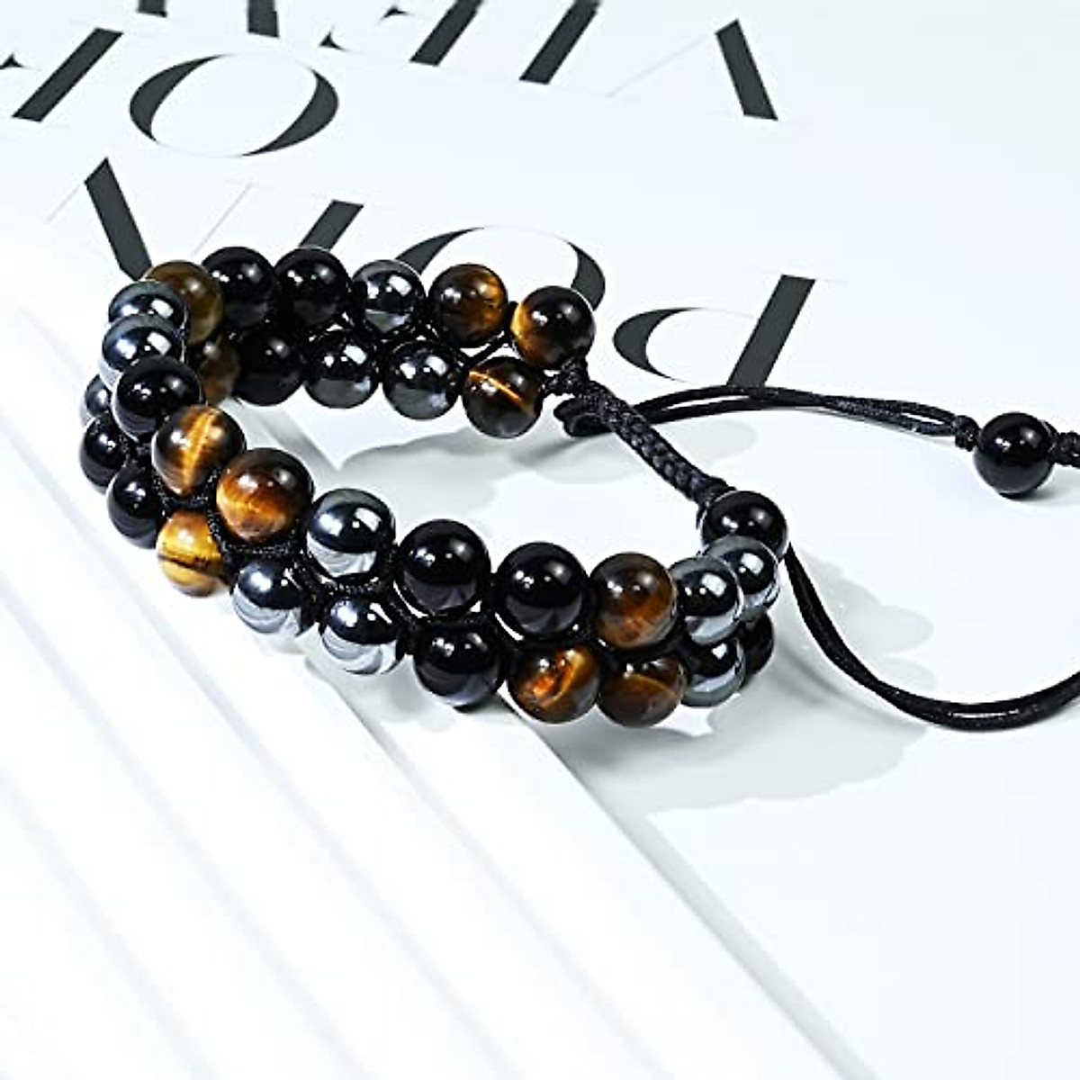 Triple Protection Bracelet Natural Black Obsidian Tigers Eye Hematite 8mm Beads Crystal Bracelet Healing Bracelets for Men Women Bring Prosperity Luck and Health