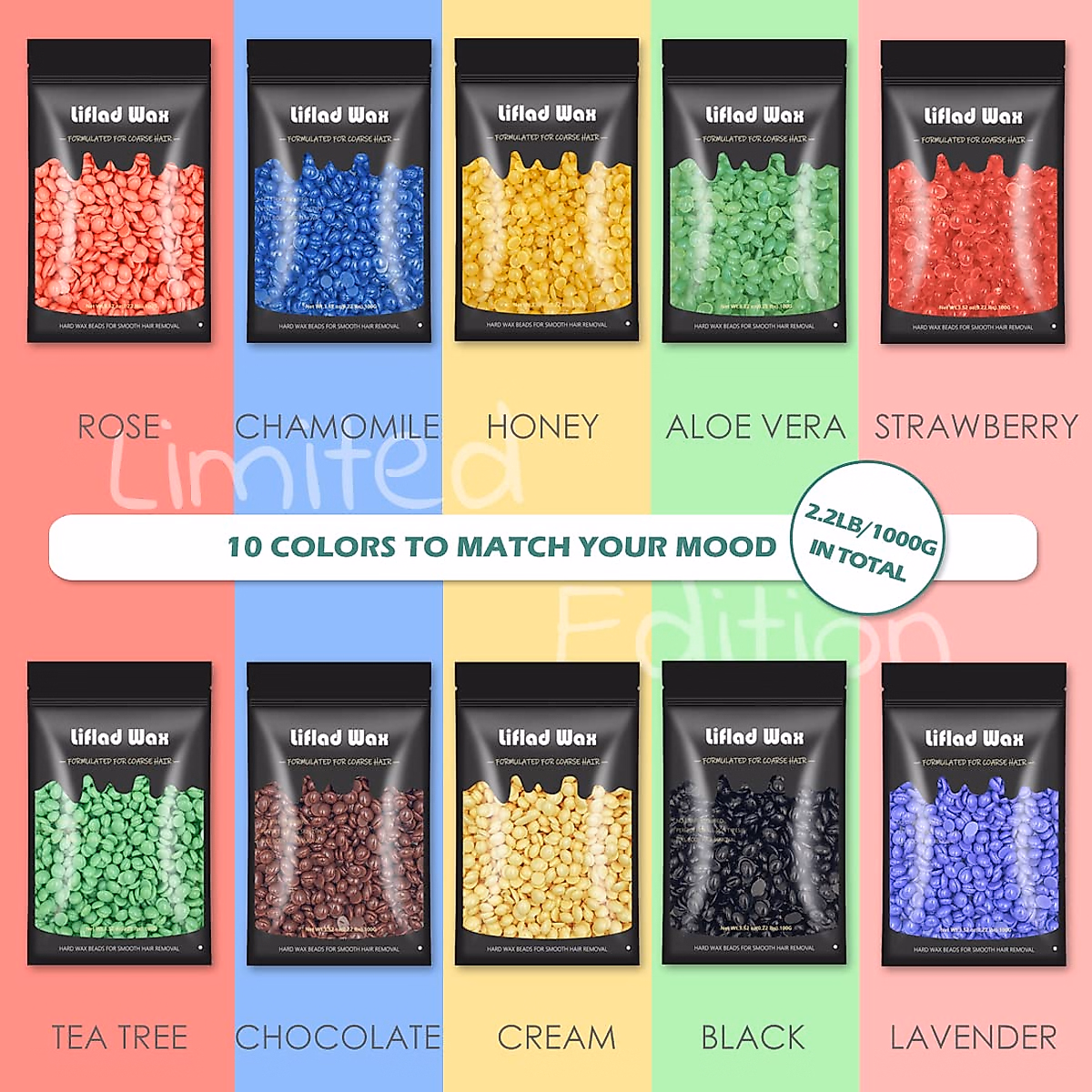 Hard Wax Beads for Coarse Hair Removal - 2.2 lb, 10 Pack Depilatory Wax Beans with Spatulas for Face, Eyebrow, Back, Chest, Bikini Areas, Legs - Refills for Any Wax Warmer