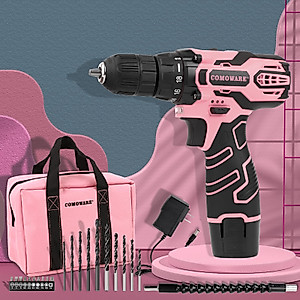 COMOWARE Pink Cordless Drill Set, 12V Power Drill Set Electric Screwdriver Driver Tool Kit for Women, 3/8" Keyless Chuck 1 Battery & Charger with Storage bag