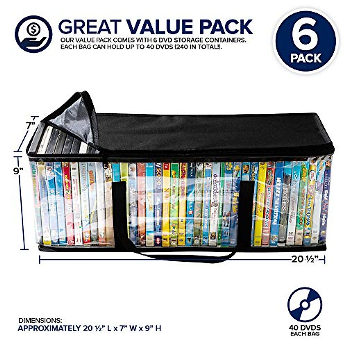Stock Your Home DVD Storage Bags (Set of 6) Media Organizer Bag for DVDs, CDs, Blu Ray Disc, Movie Cases, VHS Box, Video Game Disks, Clear Plastic Holders with Carrying Handles and Zipper - Black
