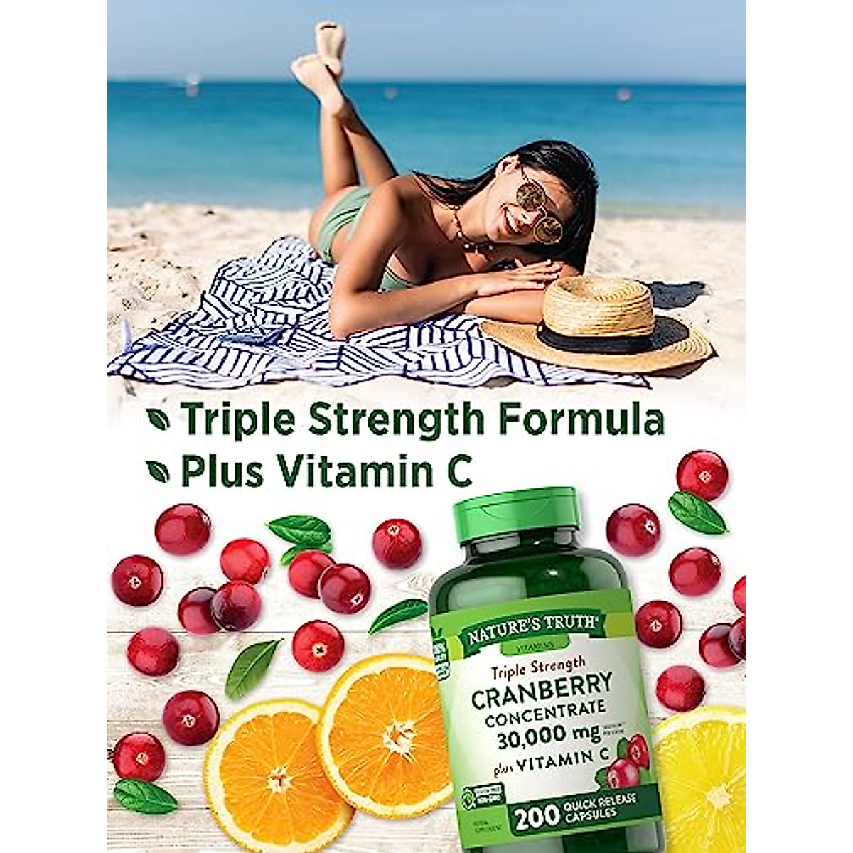 Cranberry Concentrate Plus Vitamin C | 30,000mg | 200 Quick Release Capsules | Non-GMO & Gluten Free Supplement | by Nature's Truth