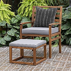 Walker Edison Villa Modern Acacia Wood Patio Chair and Ottoman Set with Cushions, 35 Inch, Brown